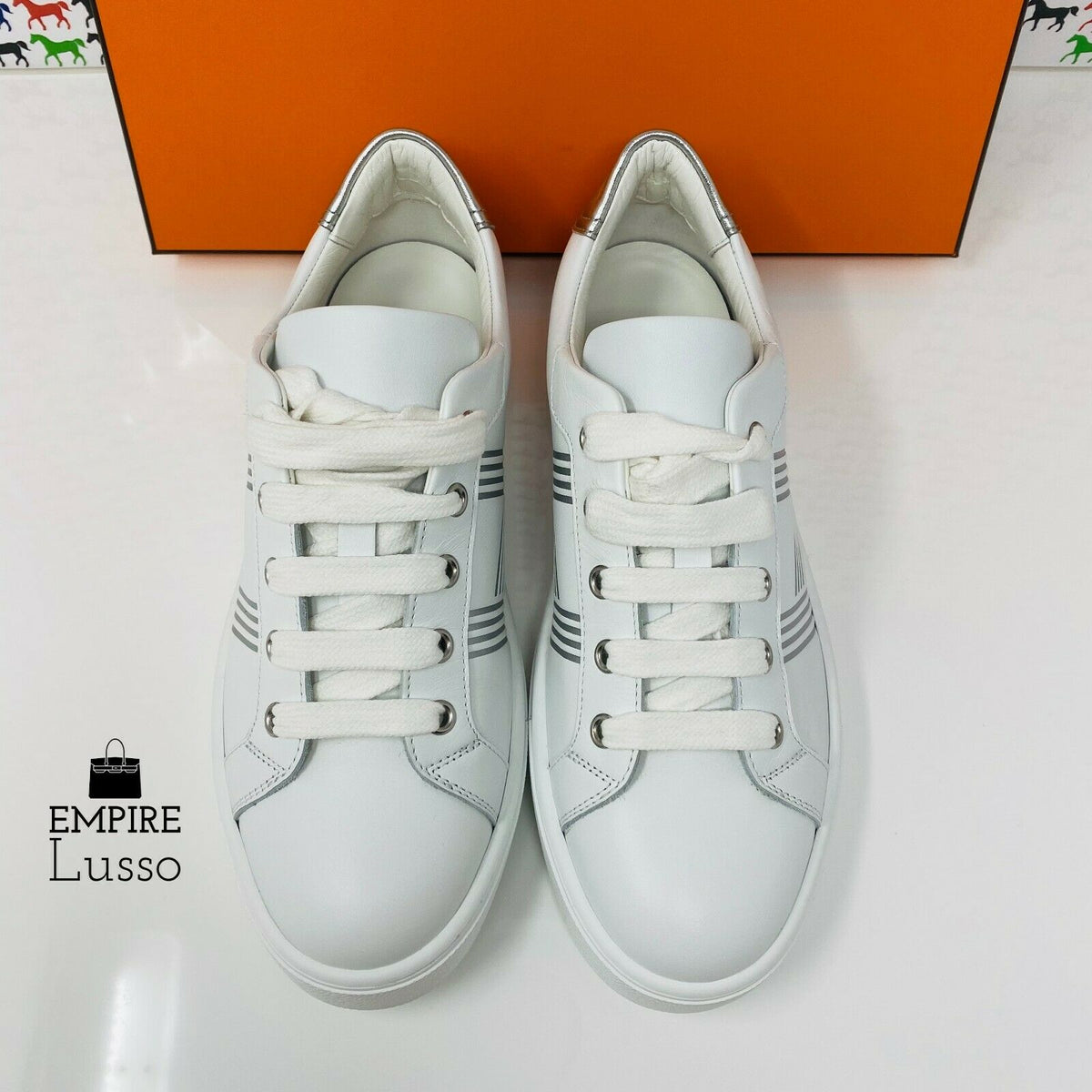 37.5 NEW HERMES SNEAKER AVANTAGE WHITE GRAPHIC METALLIC NAPPA SHOES WO ...